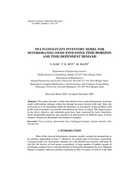 Pdf Multi Item Fuzzy Inventory Model For Deteriorating Items With