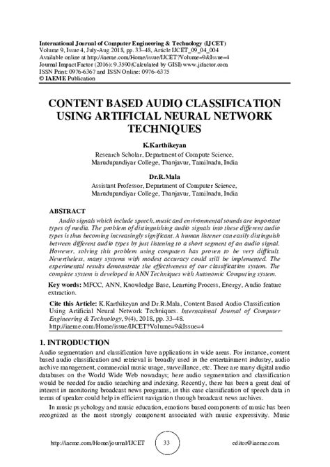 Pdf Content Based Audio Classification Using Artificial Neural Network Techniques