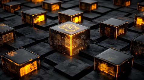 Golden Illuminated Cubes Arranged On Black Surface Forming Abstract