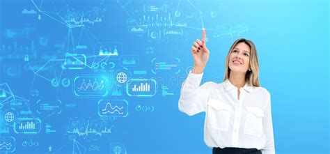 Businesswoman Finger Touch Big Business Data Icons And Global Marketing Analysis Stock