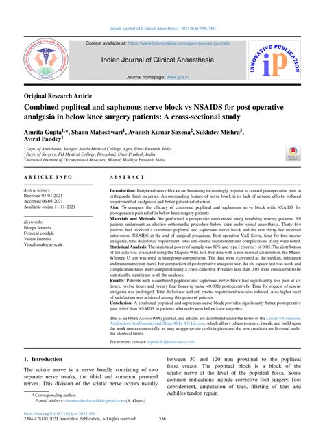 Pdf Combined Popliteal And Saphenous Nerve Block Vs Nsaids For Post Operative Analgesia In