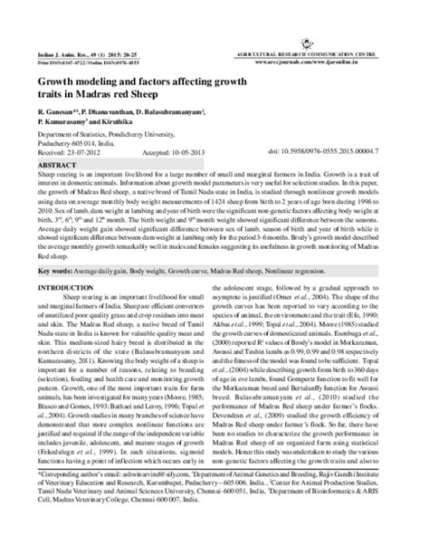 Pdf Growth Modeling And Factors Affecting Growth Traits In Madras Red