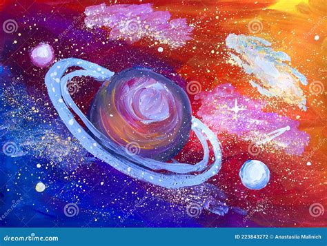 Cosmic Painting With Planets And Stars Art Illustration Gouache