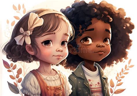 Portrait Of Two Cute Little Cartoon Girls Digital Illustration Stock