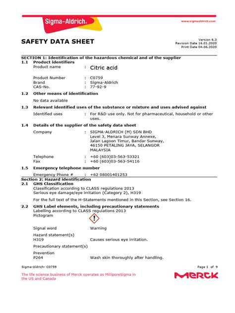 Safety Data Sheet Citric Acid 2 Pdf