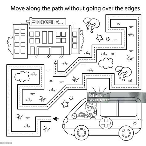 필기 연습 시트 간단한 교육 게임 또는 미로 색칠하기 개요 병원 근처에 구급차를 가진 만화 의사 아이들을위한 색칠하기 책 레저 추구에 대한 스톡 벡터 아트 및 기타 이미지