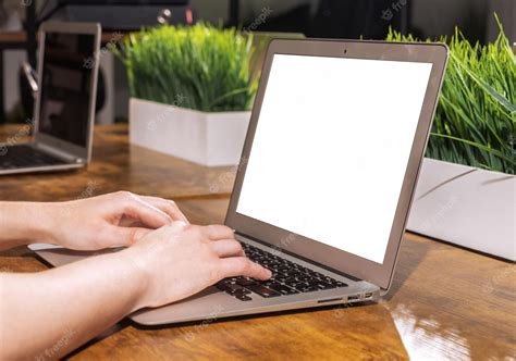 Premium Photo Laptop Screen Display Mock Up Hands Typing On Computer Keyboard Pc With White