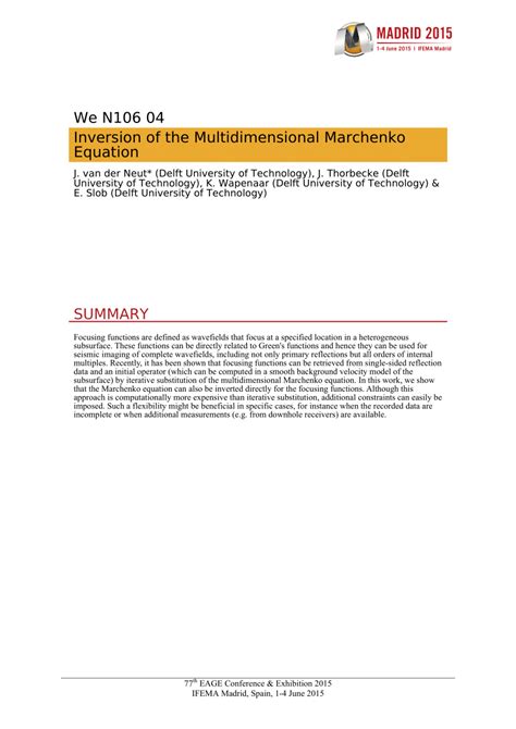 Pdf Inversion Of The Multidimensional Marchenko Equation