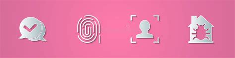 Set Paper Cut Check Mark In Speech Bubble Fingerprint Face Recognition And House System Bug