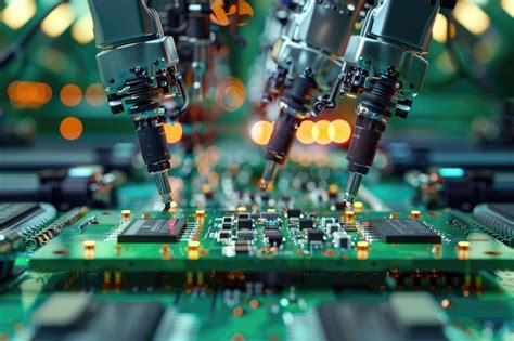 High Precision Robot Arms In Automated Pcb Assembly Line Modern Electronics Factory Premium Ai