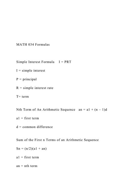 Math 034 Formulas Simple Interest Formula I Docx