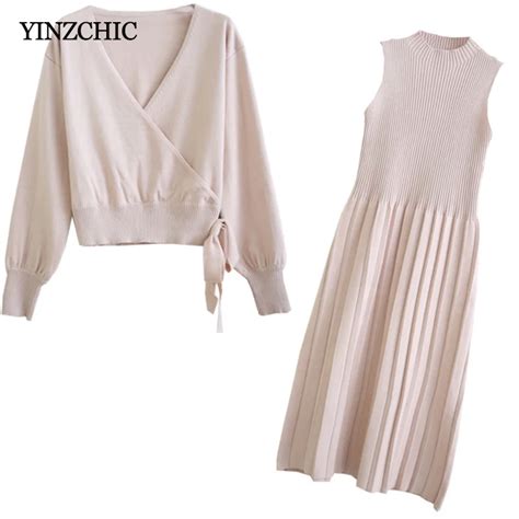 Зимний женский вязаный комплект из двух предметов однотонный свободный свитер жилет платье