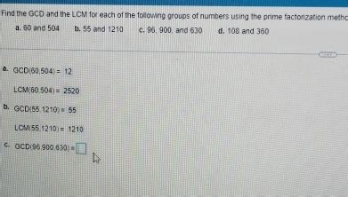 Solved Find The GCD And The LCM For Each Of The Following Groups Of Numbers Using The Prime