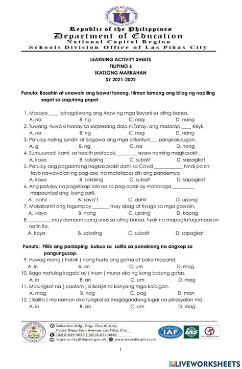 Unang Markahang Pagsusulit Sa Filipino 9 With Tos