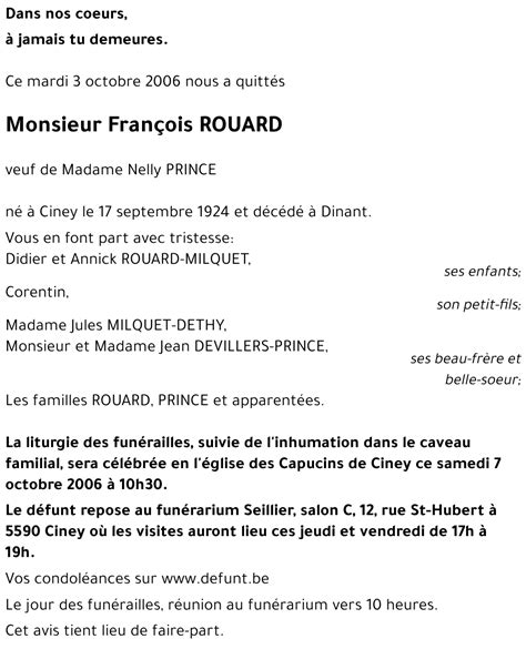 Avis De Décès De François Rouard Décédé Le 03 10 2006 à Dinant Annonce Condoléances Fleurs