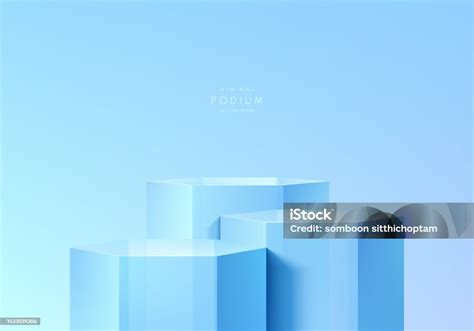 사실적인 3d 블루 글래스 큐브 육각형 스탠드 또는 연단이 깨끗한 벽 배경으로 설정되어 있습니다 모형 제품 무대 쇼케이스 프로모션 디스플레이를위한 파스텔 최소 장면 벡터