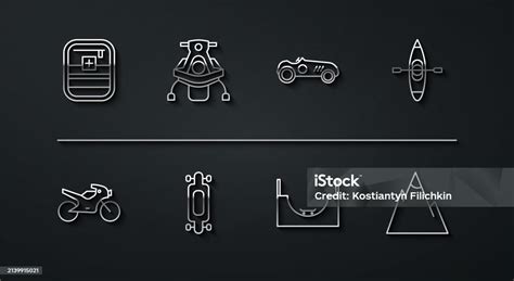 세트 라인 응급 처치 키트 오토바이 카약 카누 스케이트 파크 롱 보드 스케이트 보드 설상차 산 및 빈티지 스포츠 경주 용 자동차 아이콘 벡터 건강 진단에 대한 스톡 벡터