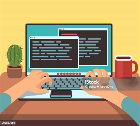 프로그램 코드 화면에 Pc 노트북에서 일 하는 사람이 프로그래머 코딩 및 프로그래밍 벡터 개념 경관에 대한 스톡 벡터 아트 및 기타 이미지 Istock