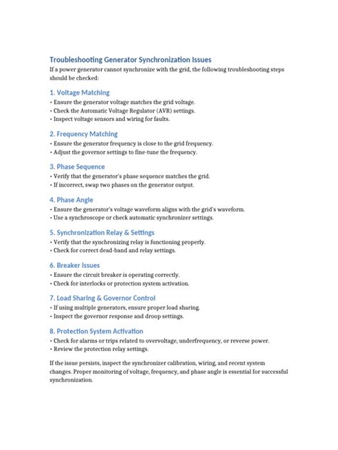 Generator Synchronization Troubleshooting Pdf