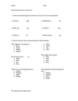 Measurement Conversion Quiz By Elly Beaudoin Teachers Pay Teachers
