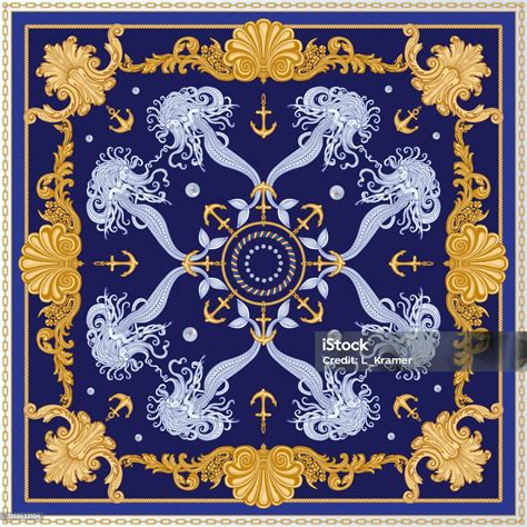 진한 파란색 배경에 벡터 숄 인쇄 유행 골드 체인과 앵커 패턴 바로크 판타지 스크롤 파란색 아름다운 인어와 진주 스카프 반다나