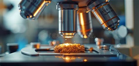 Closeup Of A Microscope Lens Focusing On A Sample In A Laboratory Setting Stock Image Image Of