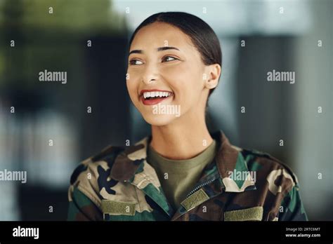 Happy Woman Soldier With Confidence Camouflage And Pride Relax Outside Army Building