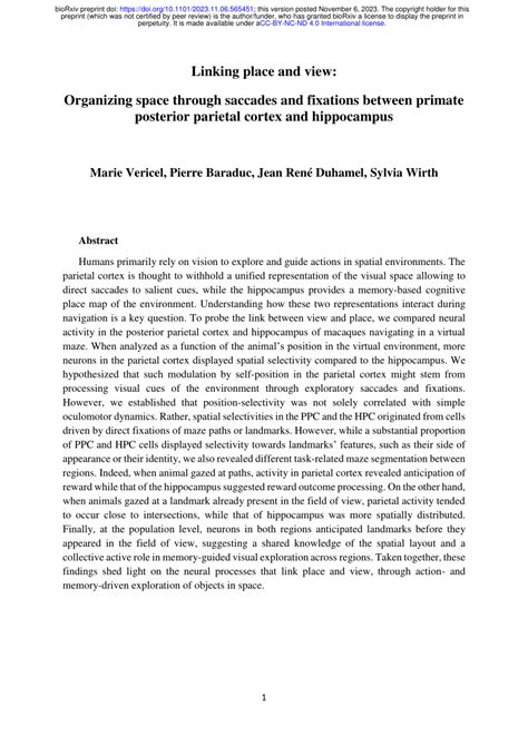 Pdf Linking Place And View Organizing Space Through Saccades And Fixations Between Primate