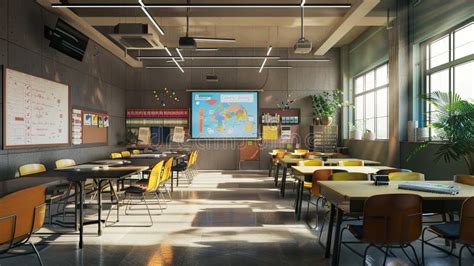 A Contemporary Classroom Features Interactive Panels And Ai Assistants Creating A Modern And