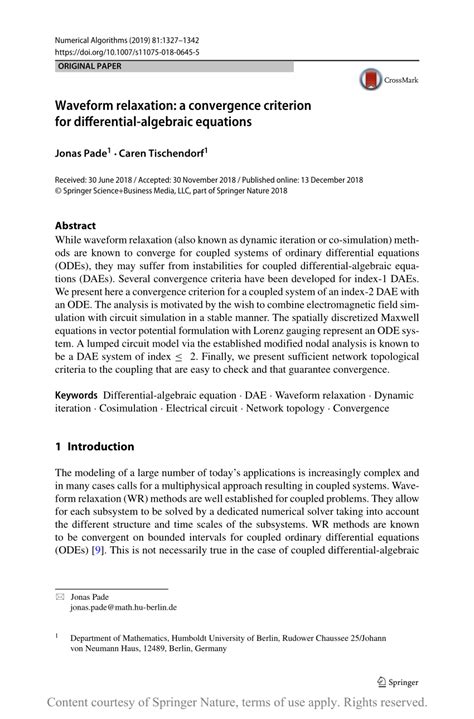 Waveform Relaxation A Convergence Criterion For Differential Algebraic
