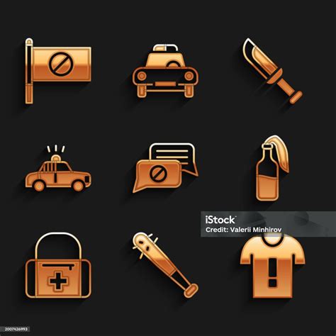 말풍선 채팅 손톱이 달린 야구 방망이 티셔츠 시위 칵테일 화염병 구급 상자 경찰차와 노출증 군용 칼 및 항의 아이콘을 설정합니다 벡터 Brand Name Online