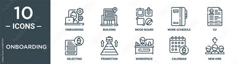 Onboarding Outline Icon Set Includes Thin Line Onboarding Building Mood Board Work Schedule