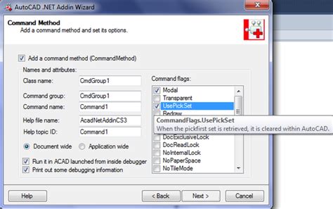 Autocad Net Command Flag Commandflagsusepickset Acadnetaddinwizard