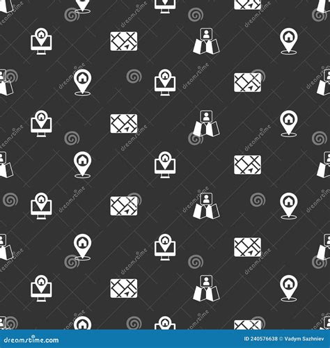 Set Folded Map With Location Marker Location House Monitor And Gps Device On Seamless Pattern