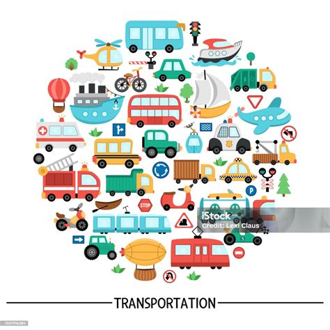 버스 자동차 보트 트럭이 있는 벡터 운송 라운드 프레임 배너 초대장에 대한 다양한 종류의 운송이 가능한 카드 템플릿 디자인 자전거 비행기 표지판 기차가 있는 귀여운 도로