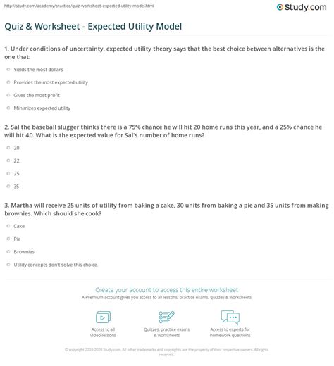 Quiz And Worksheet Expected Utility Model