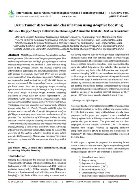 Brain Tumor Detection And Classification Using Adaptive Boosting Pdf