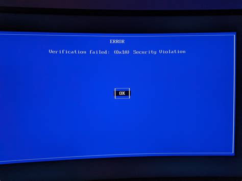 bios prompts with verification failed 0x1a security violation