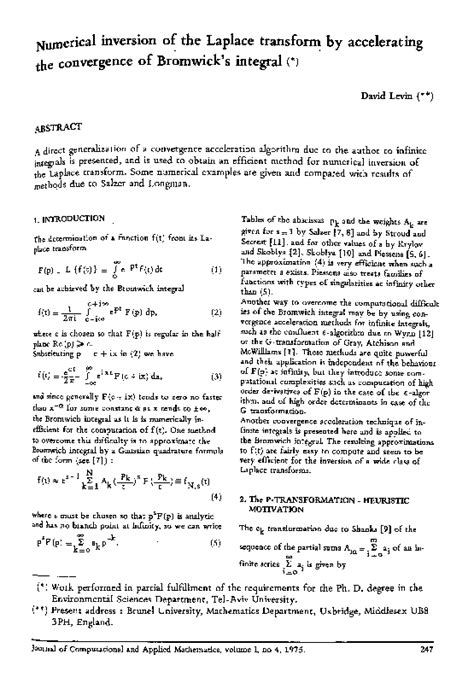 Pdf Numerical Inversion Of The Laplace Transform By Accelerating The Convergence Of Bromwicks