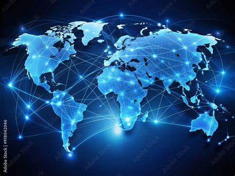 glowing blue lines and dots illuminate a darkened world map