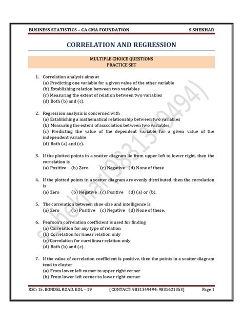 Corr And Regr Mcq Mcq Practice Set Pdf Statistical Analysis Teaching Mathematics