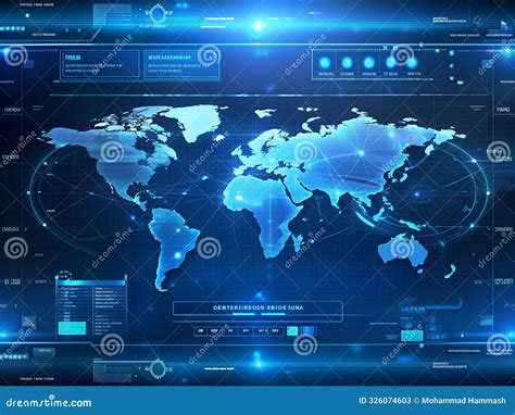 futuristic blue digital interface with world map and data stock image