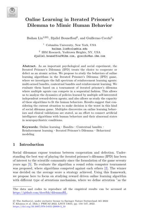 Pdf Online Learning In Iterated Prisoners Dilemma To Mimic Human Behavior