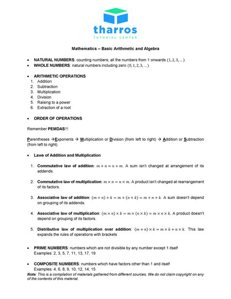 Mathematics Basic Arithmetic And Algebra Note This Is A Compilation Of Materials