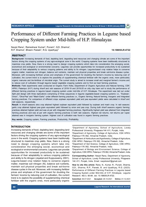 Pdf Performance Of Different Farming Practices In Legume Based Cropping System Under Mid Hills