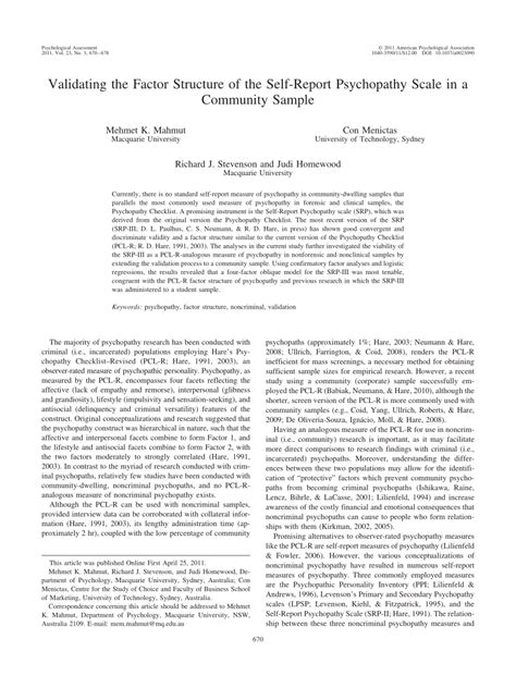 (PDF) Validating the Factor Structure of the Self-Report Psychopathy Scale in a Community Sample