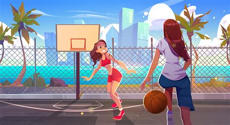Girl Play Basketball On Street Court Beach And Sea Stock Illustration
