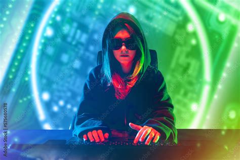 Woman Hacker Cybercriminal Girl Sitting Near Laptop Hacker In Hood And Sunglasses Female