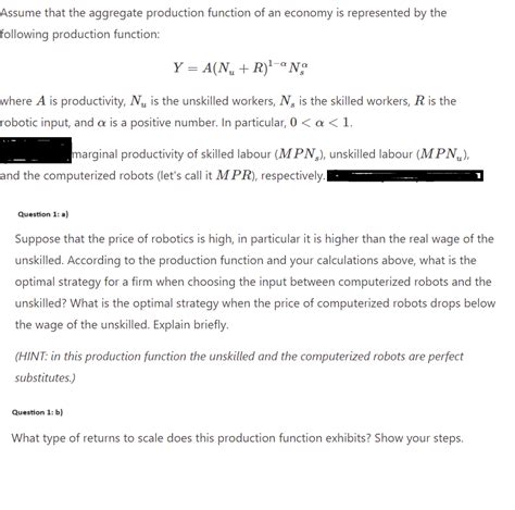 Solved Assume That The Aggregate Production Function Of An