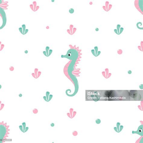 귀여운 만화 해마 산호 거품이 있는 끝없는 바다 패턴 수중 세계 벡터 완벽 한 배경입니다 귀여운에 대한 스톡 벡터 아트 및 기타 이미지 Istock